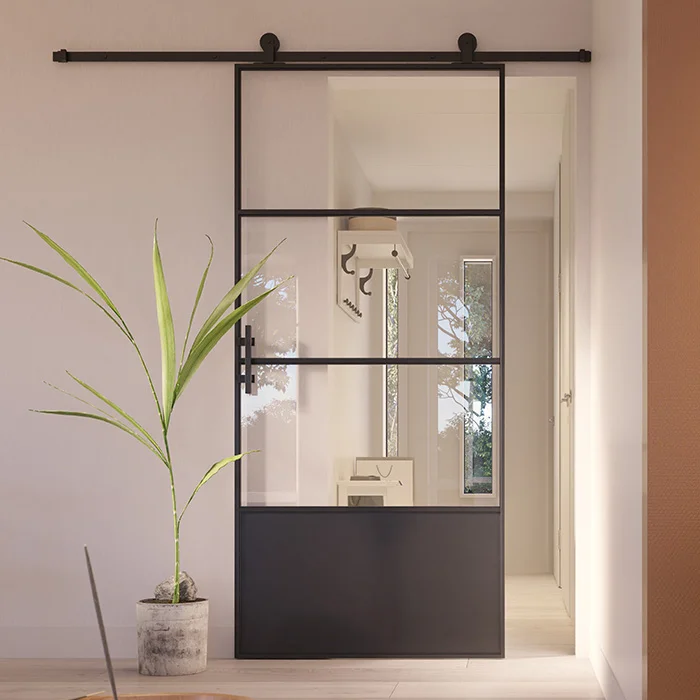 Stalen schuifdeur Slimline 3-vaks kickplate helder glas | Loftdeur.nl